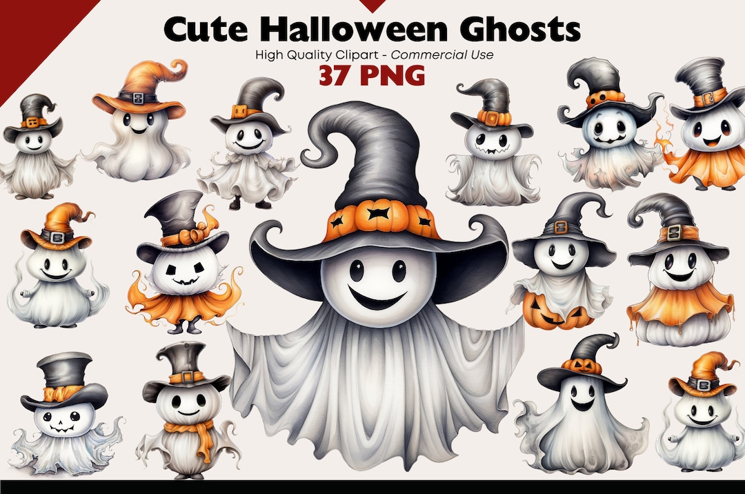 Cute Ghost Clipart Bundle, Halloween Spirits PNG, Spooky Watercolor ...