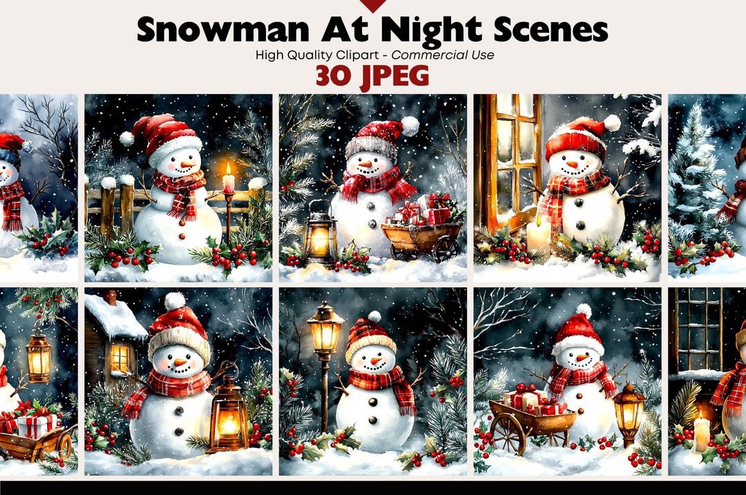 Snowman at Night Scenes JPEG Clipart Snowy Landscapes Digital Download ...