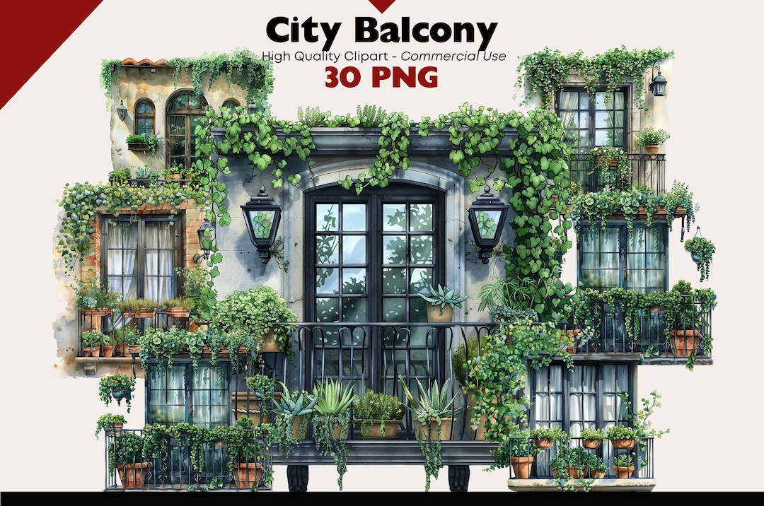 City Balcony Clipart Bundle, Urban Balcony Watercolor, Green Window ...