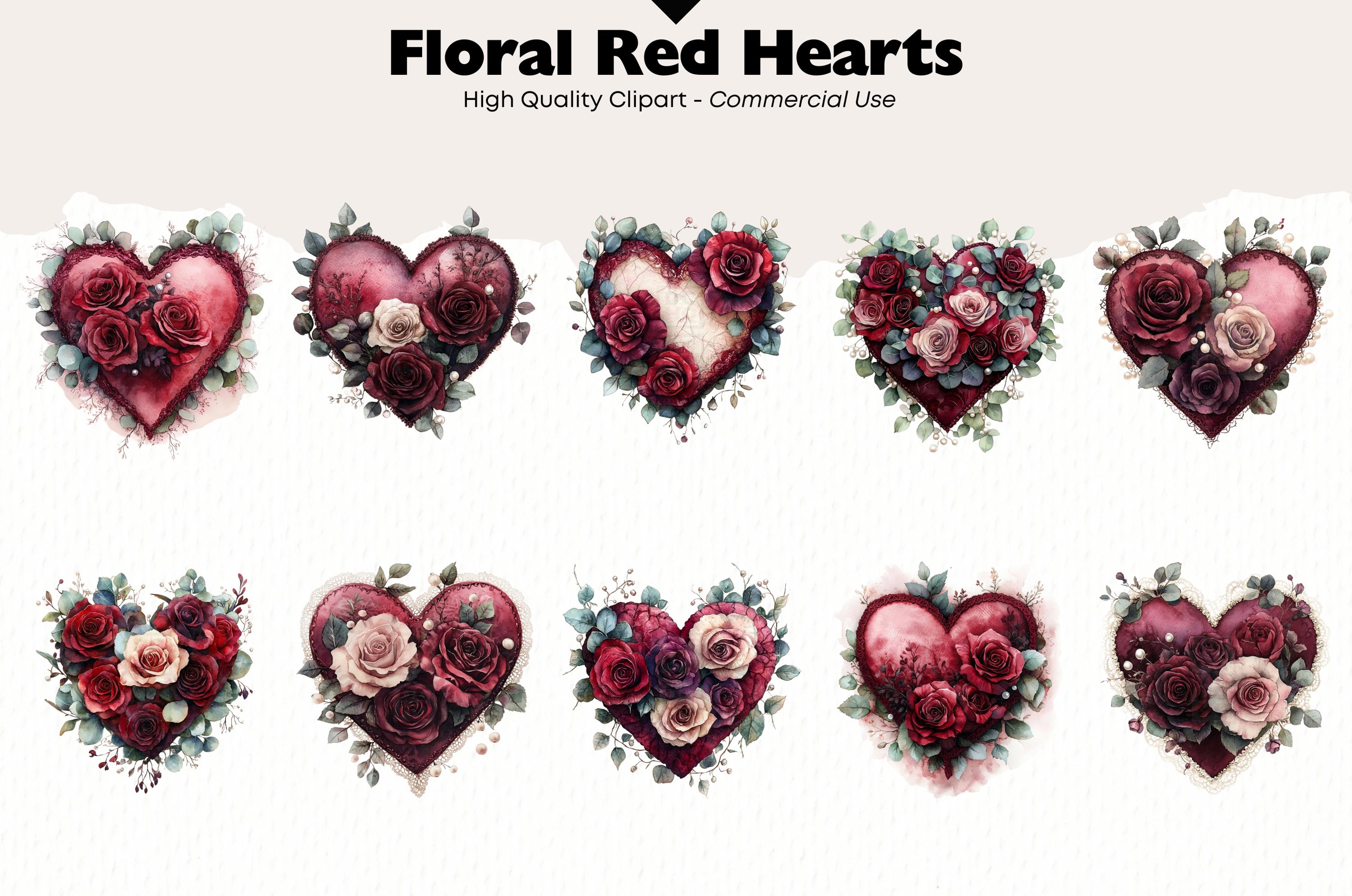 Floral Red Heart Clipart Bundle Watercolor Valentines Day Decor PNG ...