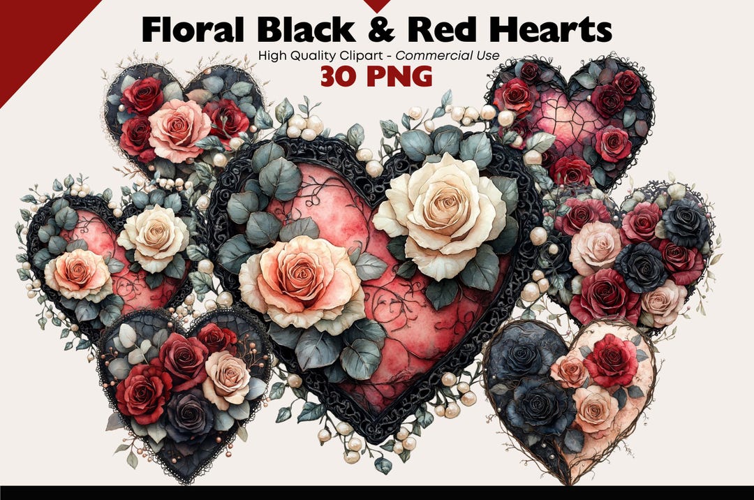 Floral Heart Clipart Bundle Watercolor Valentines Day Decor PNG Love ...