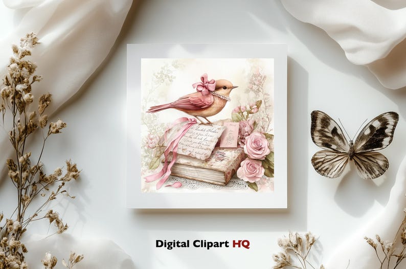 Vintage Pink Birds Clipart JPEG, Romantic Bird Graphics, Shabby Chic ...