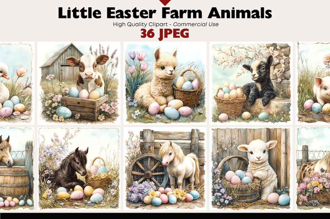 Easter Farm Animals Clipart JPEG Bundle, Spring Baby Animals With Eggs ...