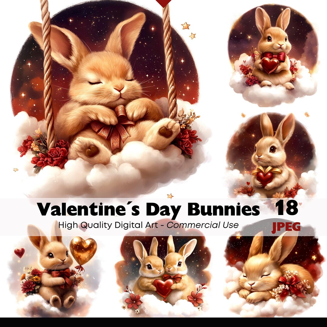 Valentine Bunny Clipart PNG JPEG, Cute Love Bunny Printable Art ...
