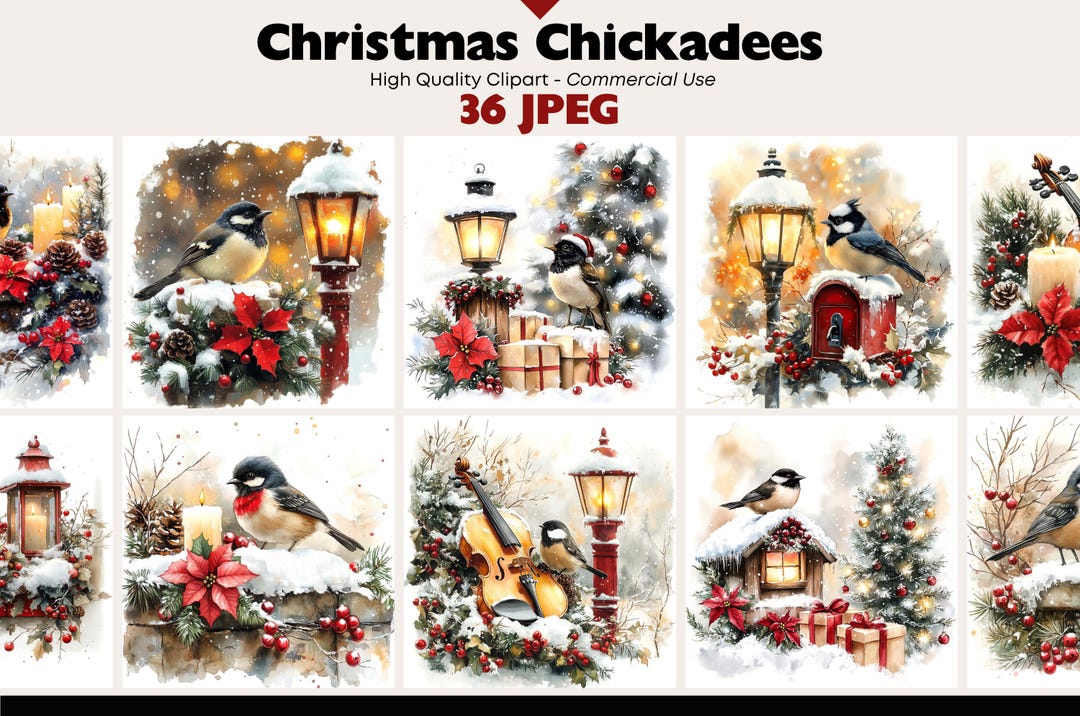 Christmas Chickadees Clipart, Winter Bird Lantern Scenes, Snowy Holiday ...
