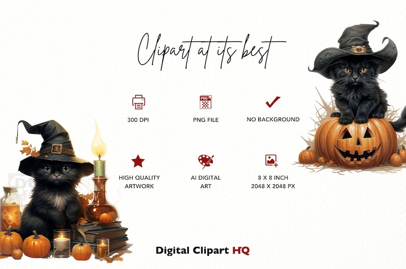 Witchy Cat Clipart Bundle, Halloween Cat PNG, Witch's Familiar Design ...
