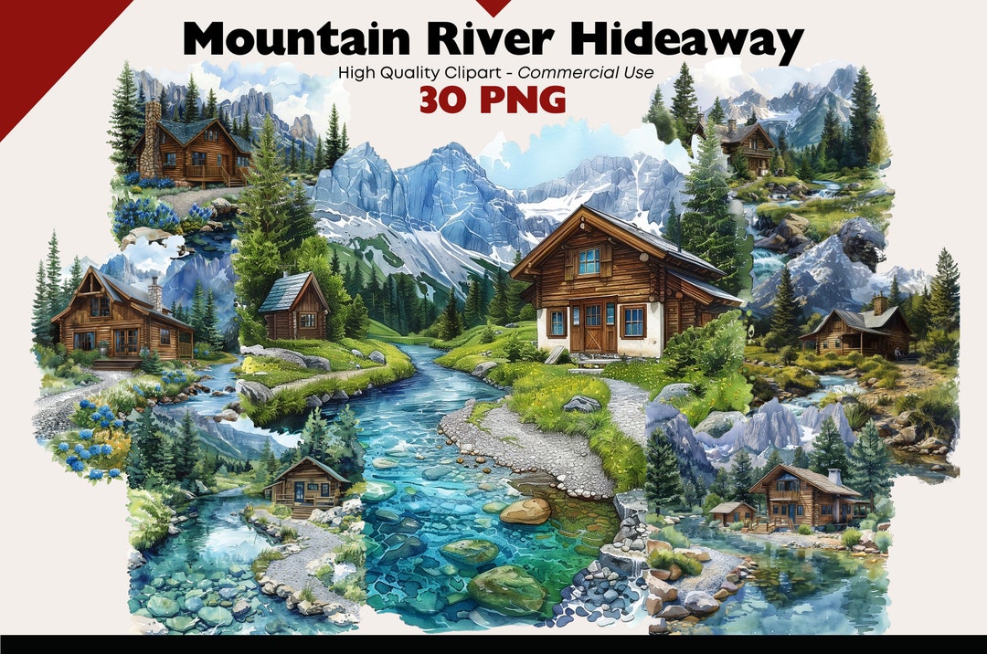 Mountain River Clipart Bundle, Nature Landscape Watercolor ...