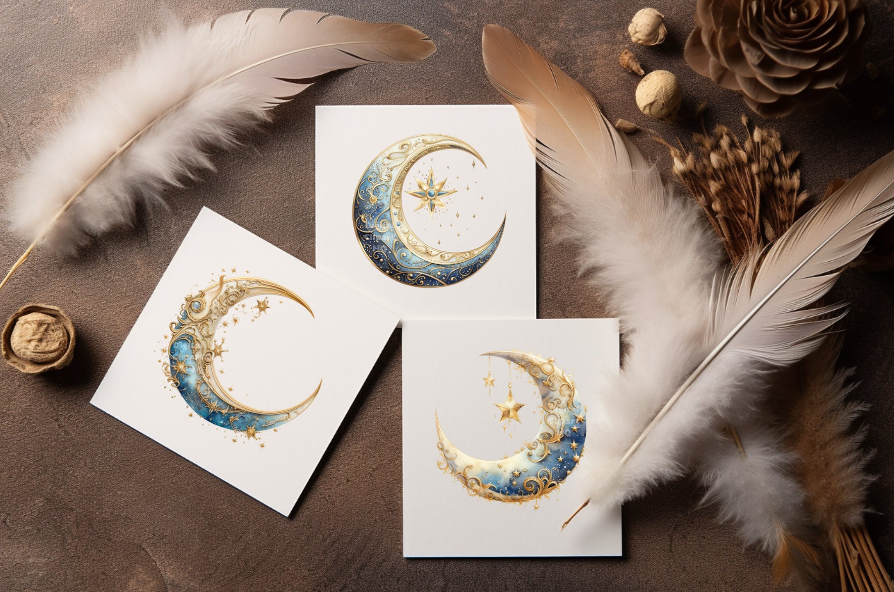 Blue Moon Clipart Set, Whimsical Moon Wall Art, Silver Moon Watercolor ...