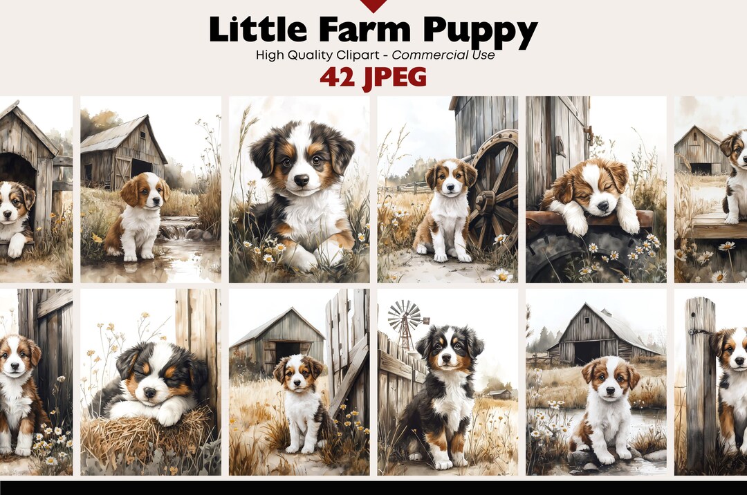 Little Farm Puppy Clipart JPEG, Cute Farm Dog Illustration, Baby Puppy ...