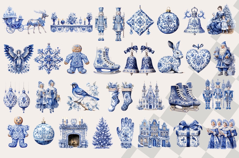 Christmas Delftware Big Clipart Bundle, Vintage Blue Delft Style ...