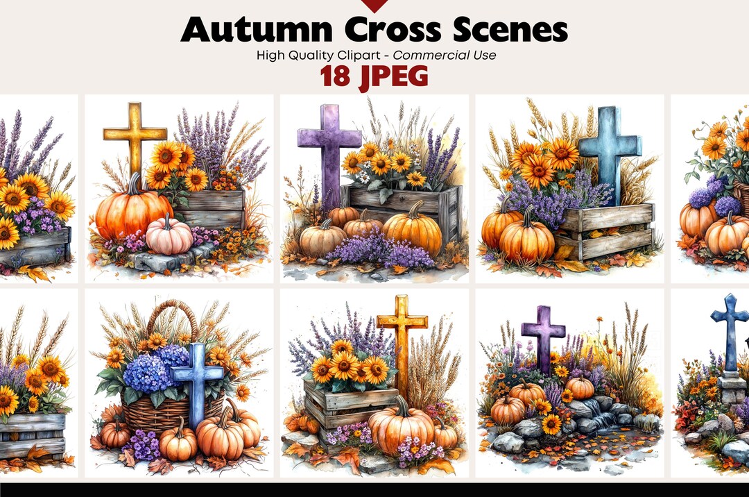 Autumn Cross Scene JPEG Clipart Pumpkin Floral Christian Digital ...
