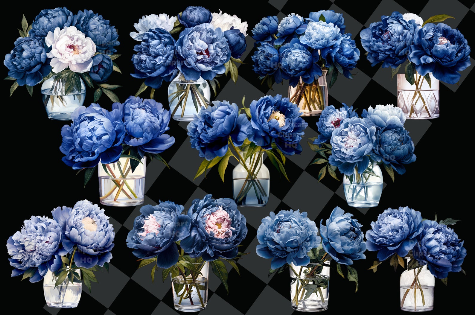 Blue Peony Clipart Bundle, Watercolor Peonies Clipart Graphics Set ...