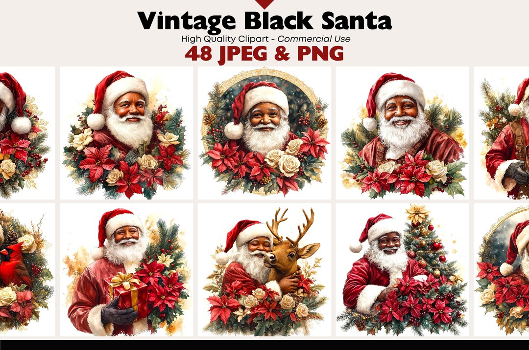 Vintage Black Santa JPEG Clipart Christmas Holiday PNG Graphics Father ...