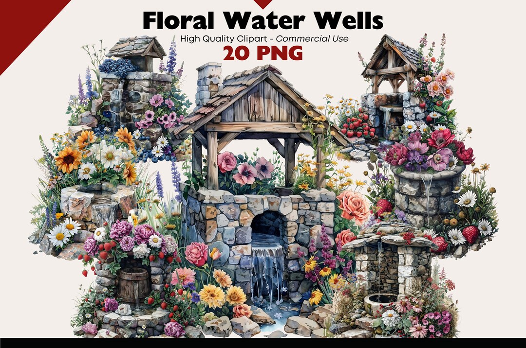 Floral Water Well Bundle, Botanical Scene Watercolor, Floral Vintage ...