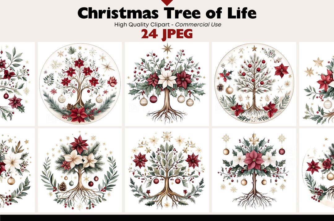 Christmas Tree of Life JPEG Graphics Poinsettia Digital Download ...
