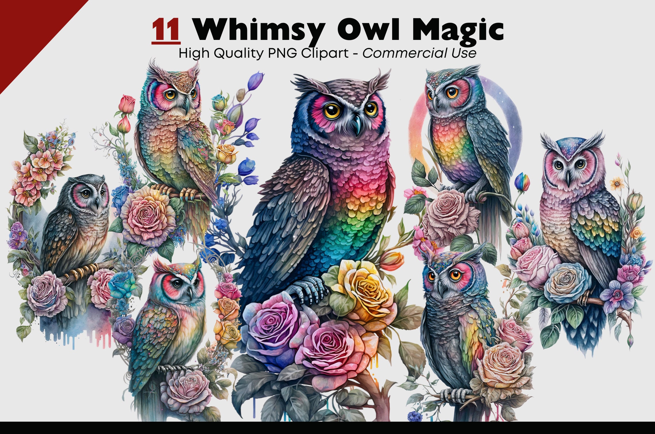 Whimsical Owl Clipart Bundle, Magical Bird PNG Graphics Set, Whimsical ...