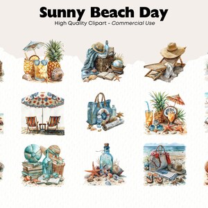 Sunny Beach Day Clipart Bundle Cute Beach Illustrations Watercolor ...
