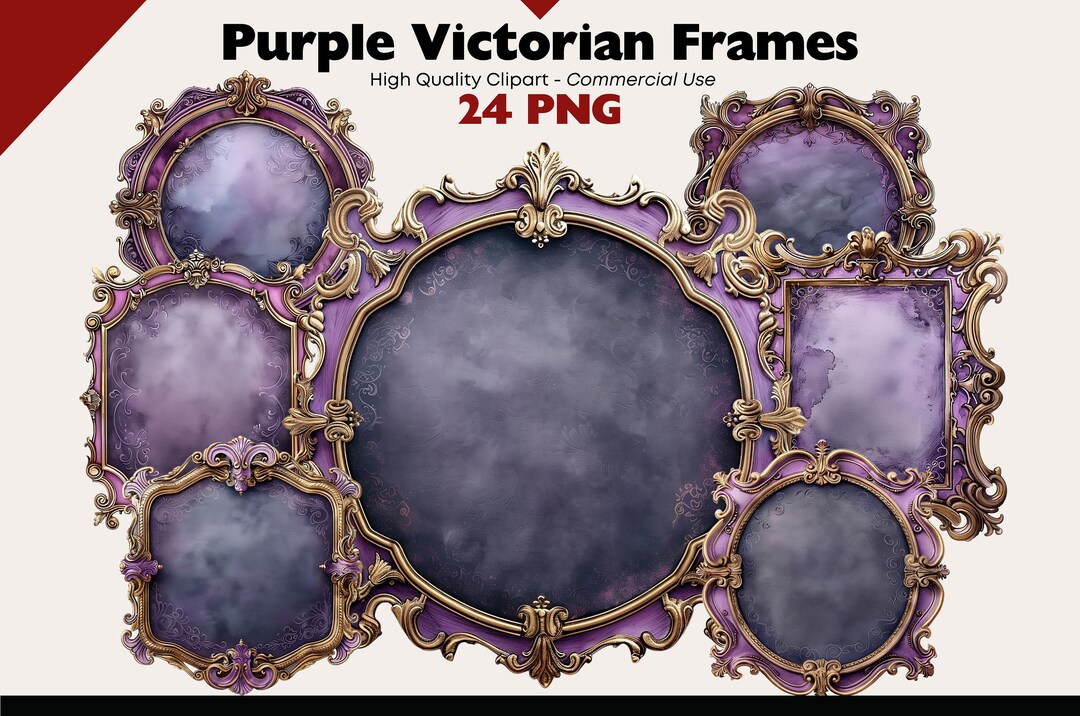 Purple Victorian Frame Bundle, Gold Ornate Frame PNG, Violet Empty Sign ...