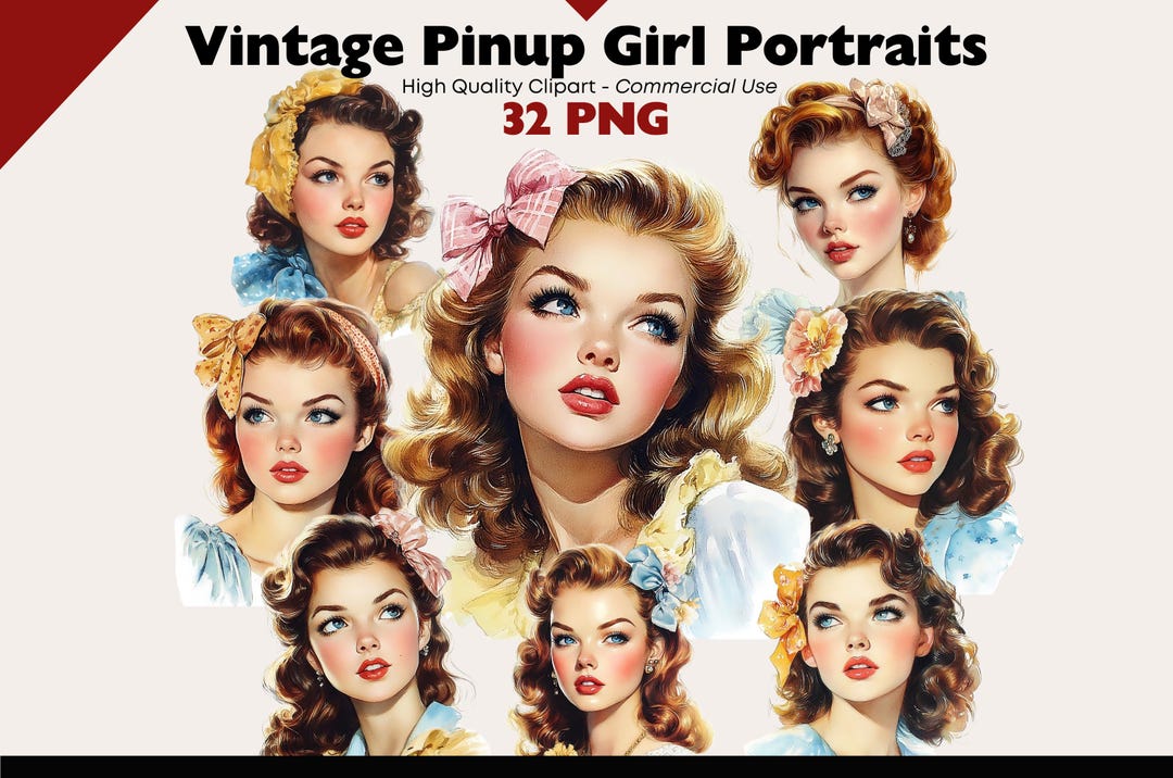 Vintage Pinup Girl Portraits PNG, Retro Woman Face Clipart, 1950s Style ...