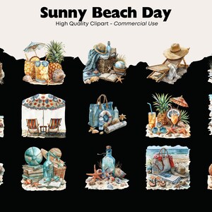 Sunny Beach Day Clipart Bundle Cute Beach Illustrations Watercolor ...