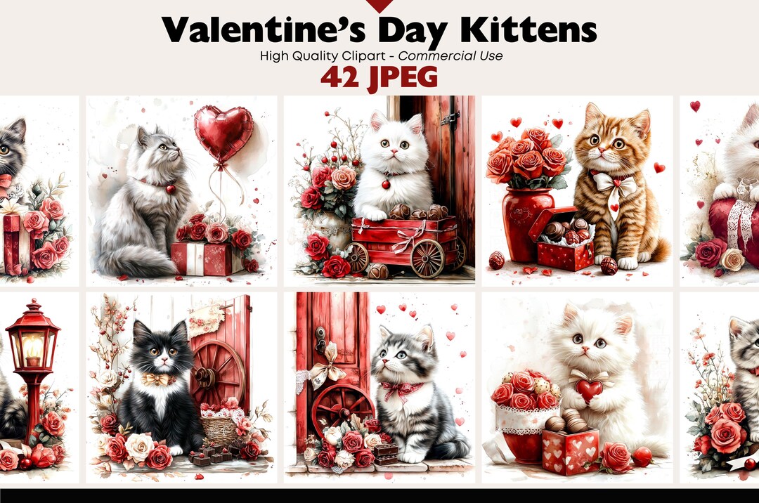 Valentine Cats Clipart, Cute Kitten Art PNG JPEG, Romantic Cat ...