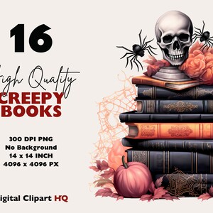 Creepy Stack of Books Clipart Bundle, Skeleton Book Watercolor, Book ...