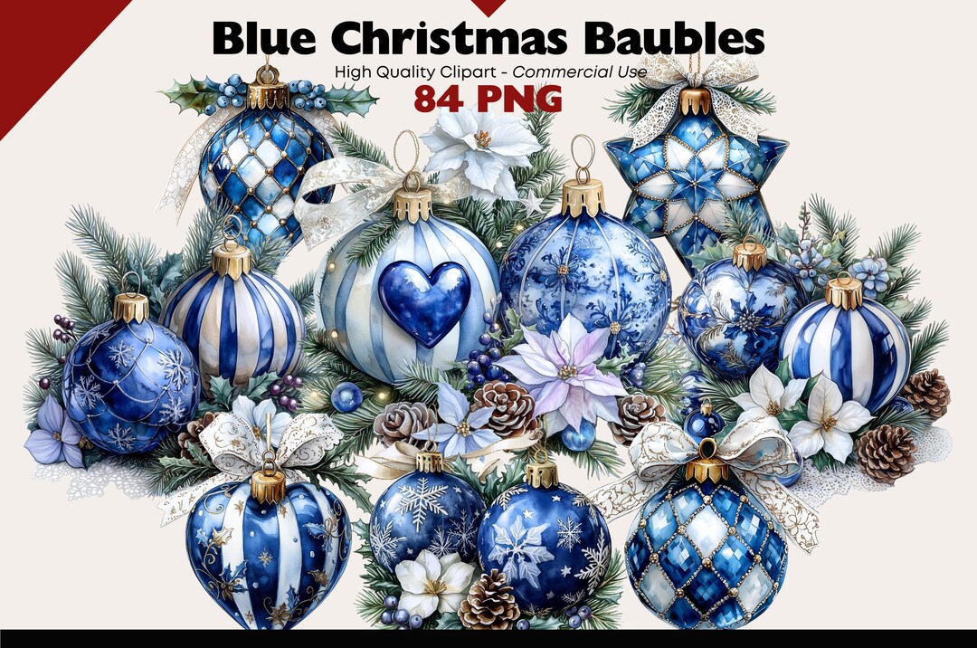 Blue Christmas Baubles Clipart PNG, Winter Ornament Printable Art ...