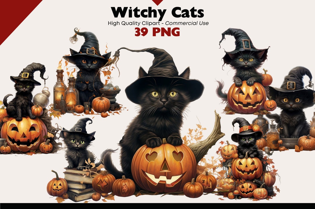 Witchy Cat Clipart Bundle, Halloween Cat PNG, Witch's Familiar Design ...