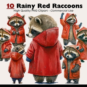 Rainy Raccoon Clipart Bundle Red Raincoat Watercolor Clipart - Etsy