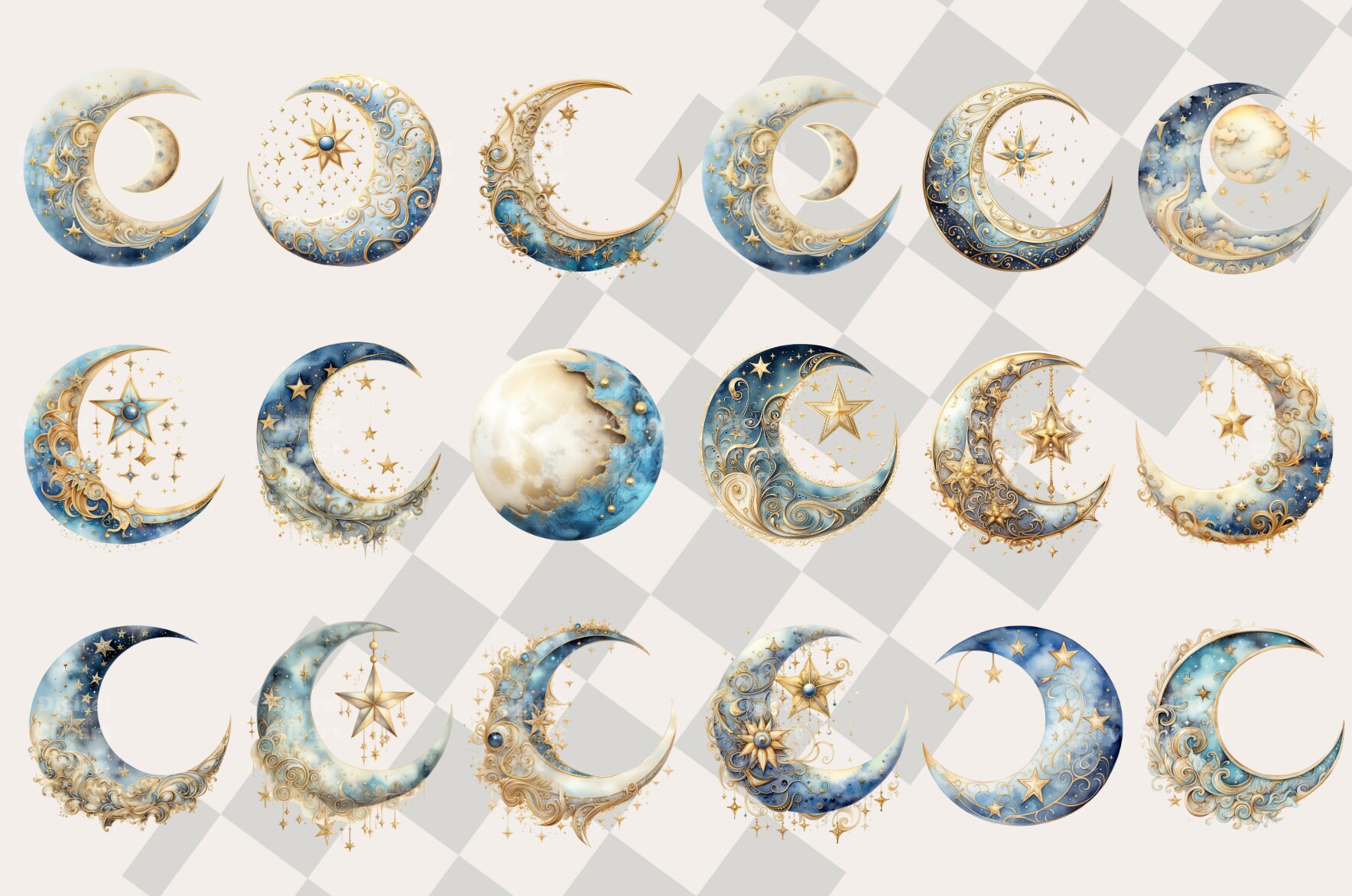 Blue Moon Clipart Set Whimsical Moon Wall Art Silver Moon - Etsy