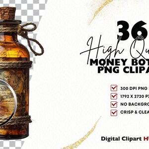 Vintage Bottles Clipart Bundle, Old Money Watercolor, Coin in Bottle ...
