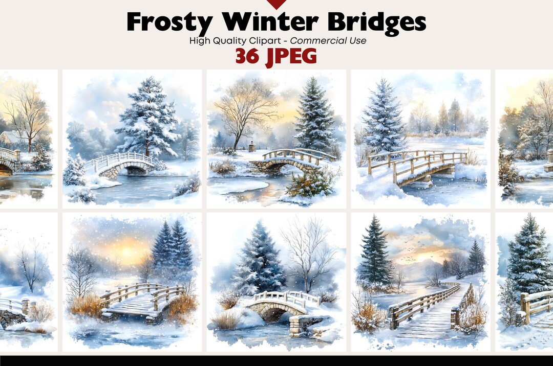 Frosty Winter Bridges Clipart, Snowy Bridge Scenes JPEG, Winter ...
