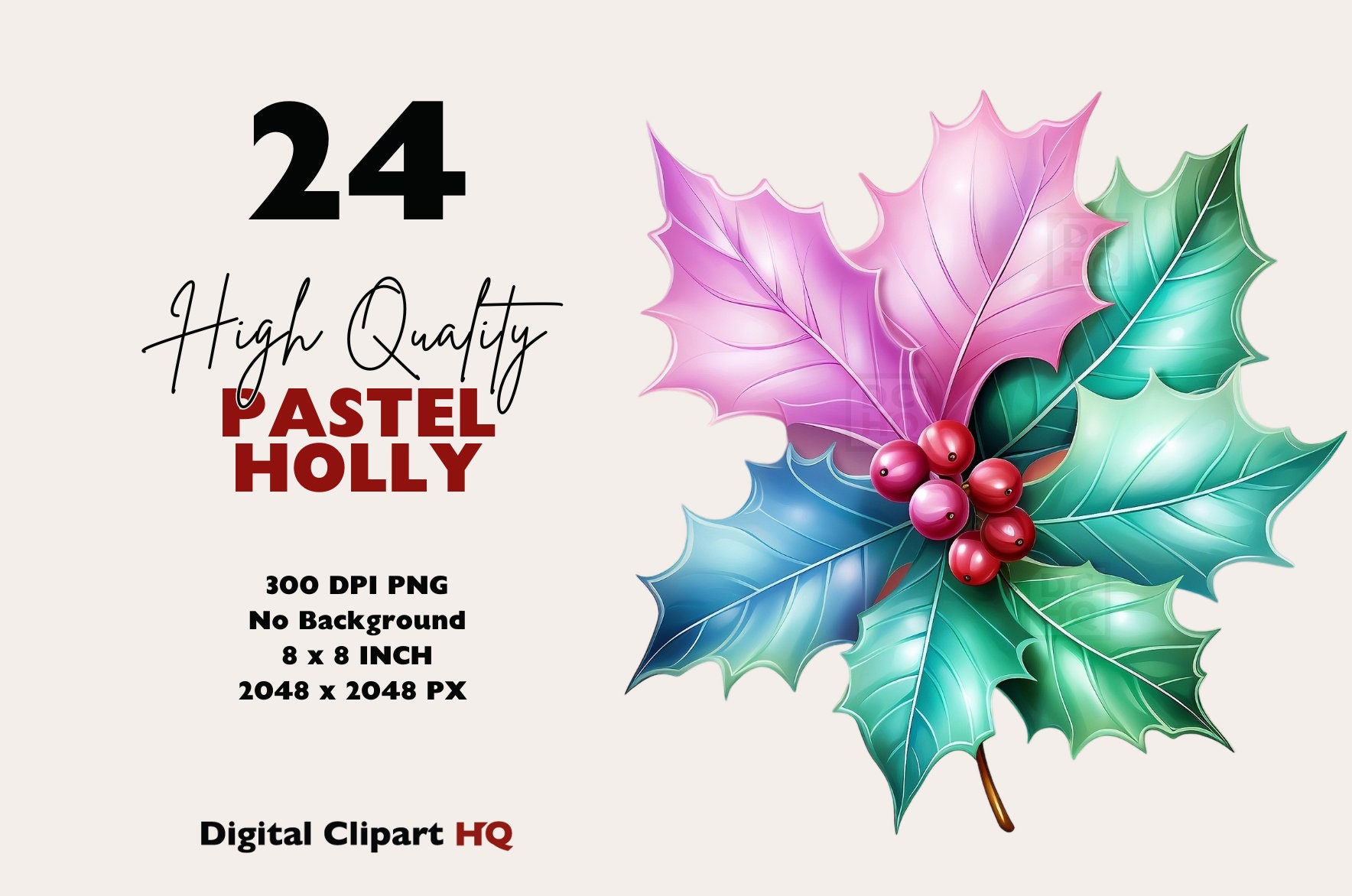 Pastel Holly PNG Clipart Bundle, Watercolor Neon Christmas PNG, Pastel Holly Winter Graphics ...