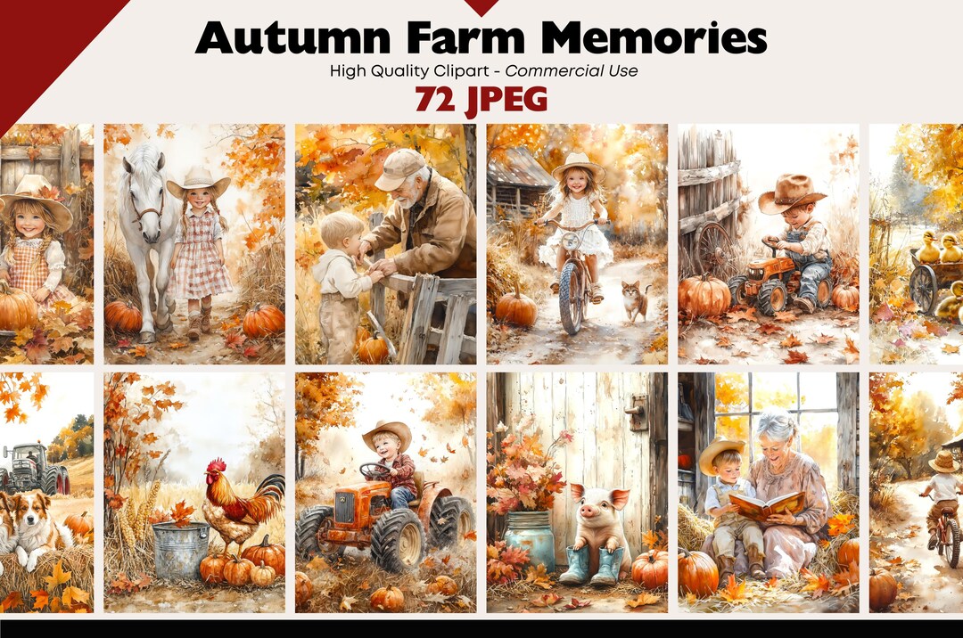 Autumn Farm Clipart, 72 JPEG Cozy Fall Country Scenes, Kids and Animals ...