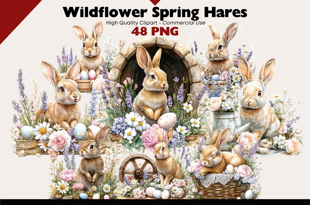 Wildflower Spring Hare Clipart PNG JPEG Bundle, Easter Bunny Rabbits ...