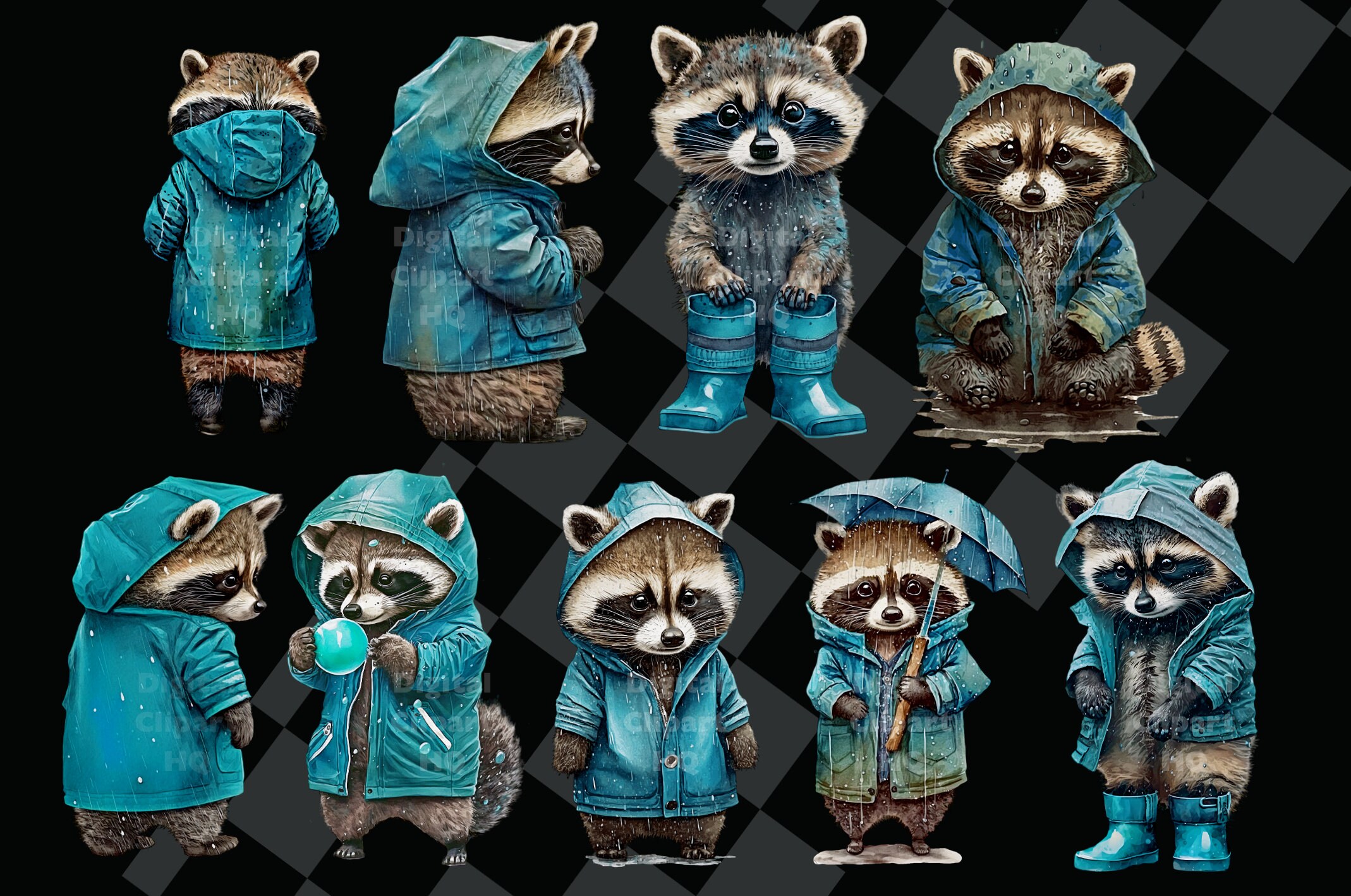 Rainy Raccoon Clipart Bundle Blue Raincoat Watercolor Clipart - Etsy