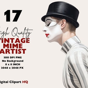 Mime Artist Clipart Bundle, Vintage Performer Watercolor PNG, Striped ...