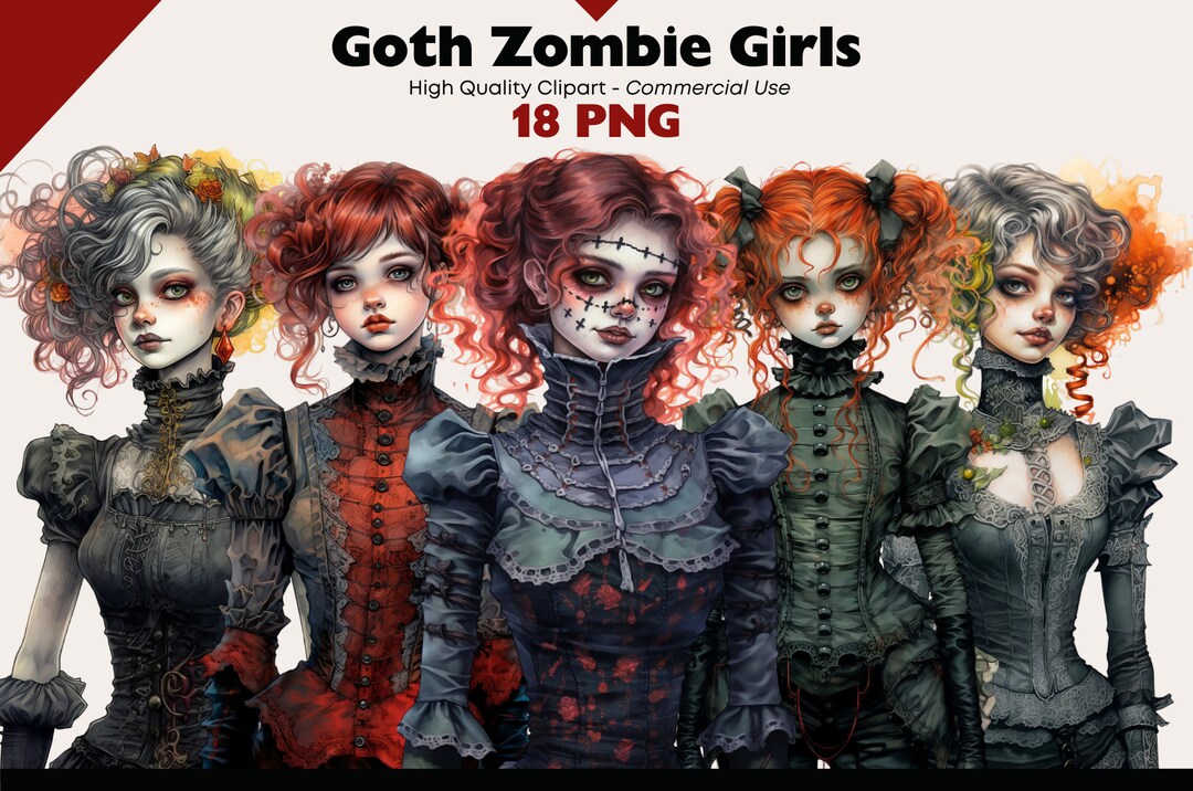 Gothic Zombie Girls Clipart Bundle, Halloween Goth Watercolor, Vintage ...