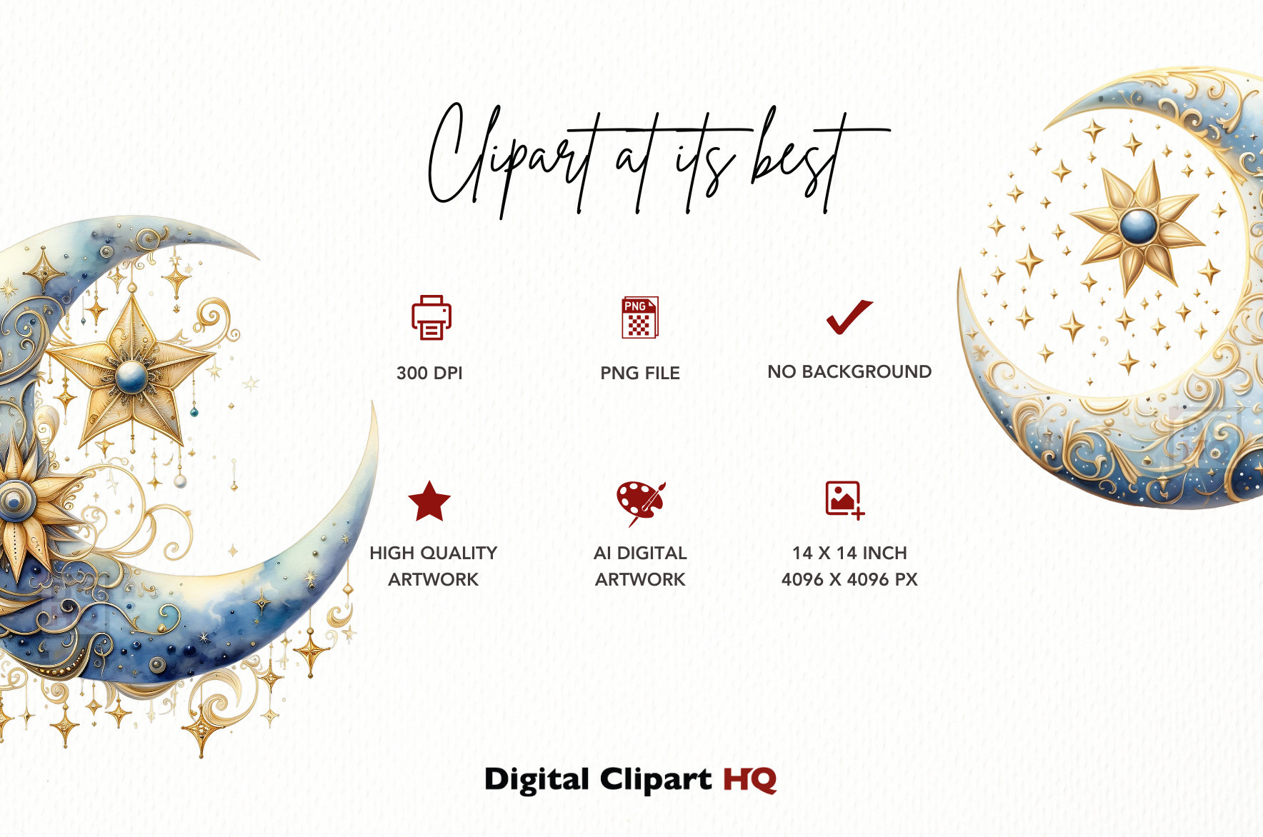 Blue Moon Clipart Set Whimsical Moon Wall Art Silver Moon - Etsy