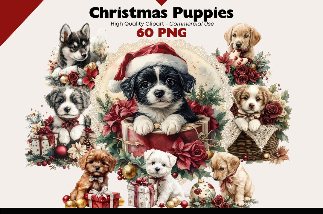 Adorable Christmas Puppies Clipart Bundle Watercolor Cute Holiday Dog ...