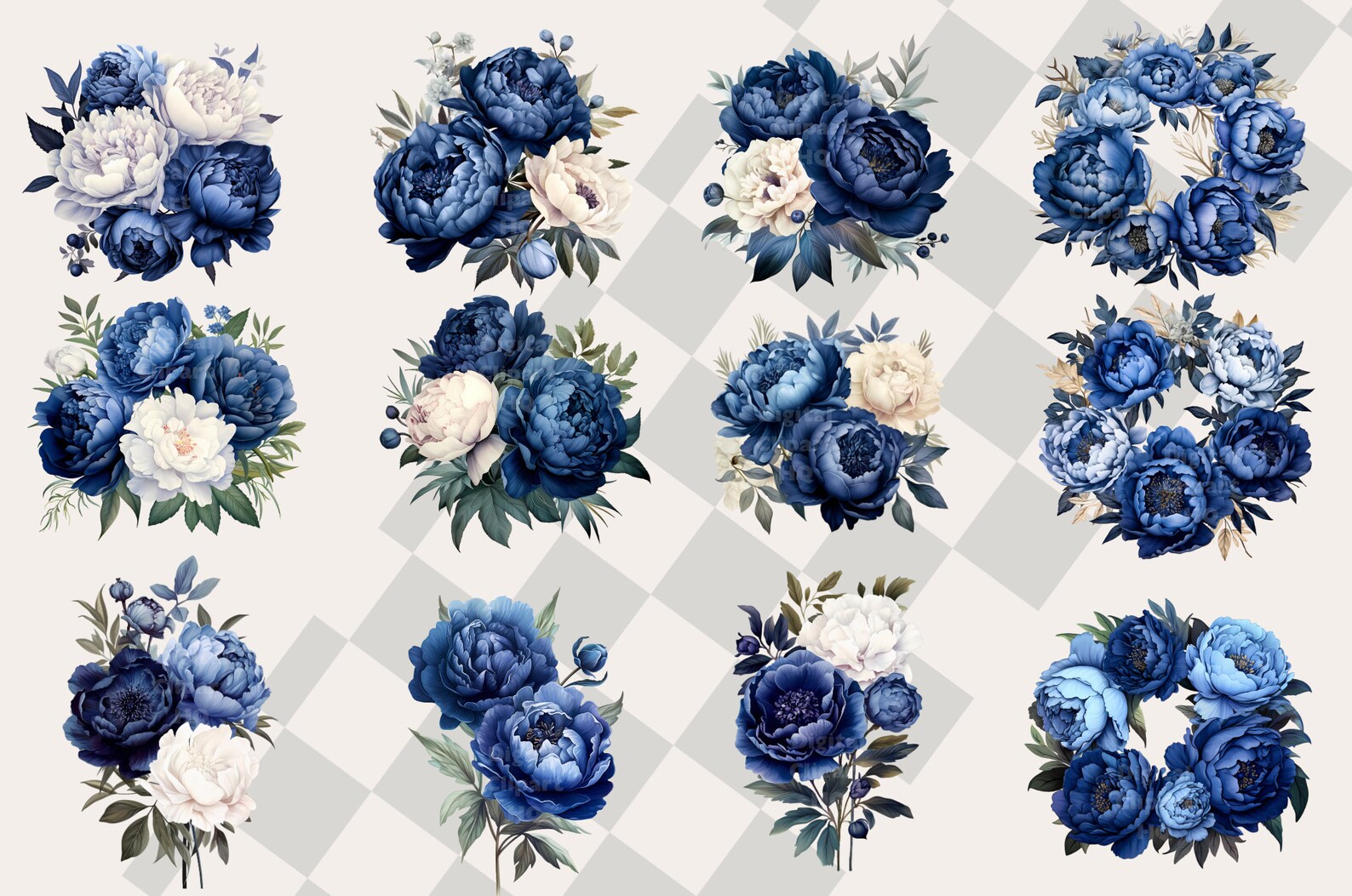 Blue Peony Clipart Bundle, Watercolor Peonies Clipart Graphics Set ...
