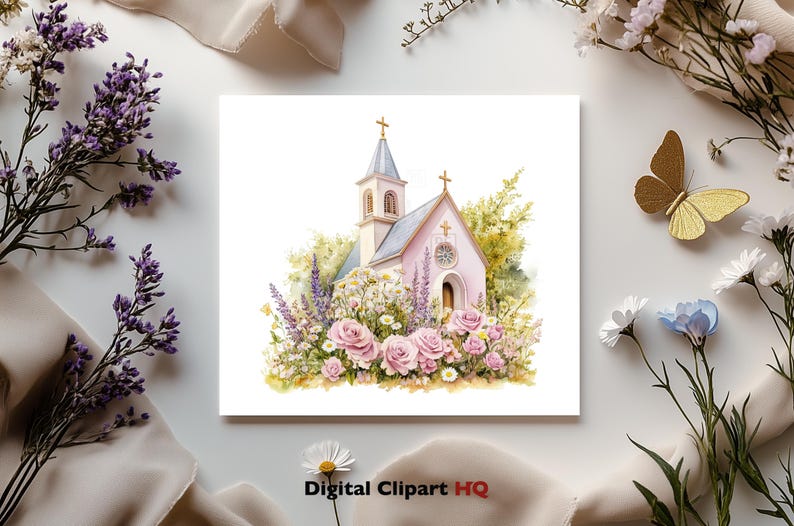 Pastel Churches Clipart PNG JPEG, Floral Christian Church Illustrations ...