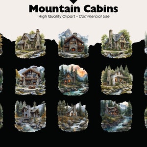 Rustic Mountain Cabins Clipart Bundle, Forest Cottage Watercolor, Stone House Printables ...