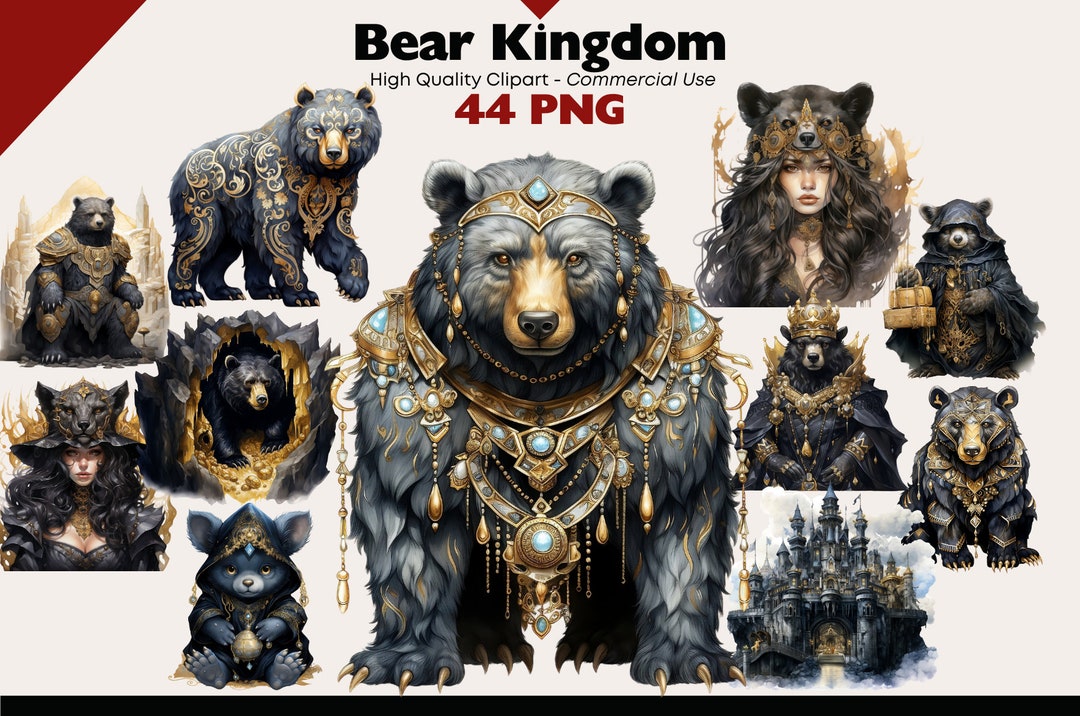 Fantasy Bear Kingdom Clipart Bundle, Royal Bear Watercolor, Bear PNG ...