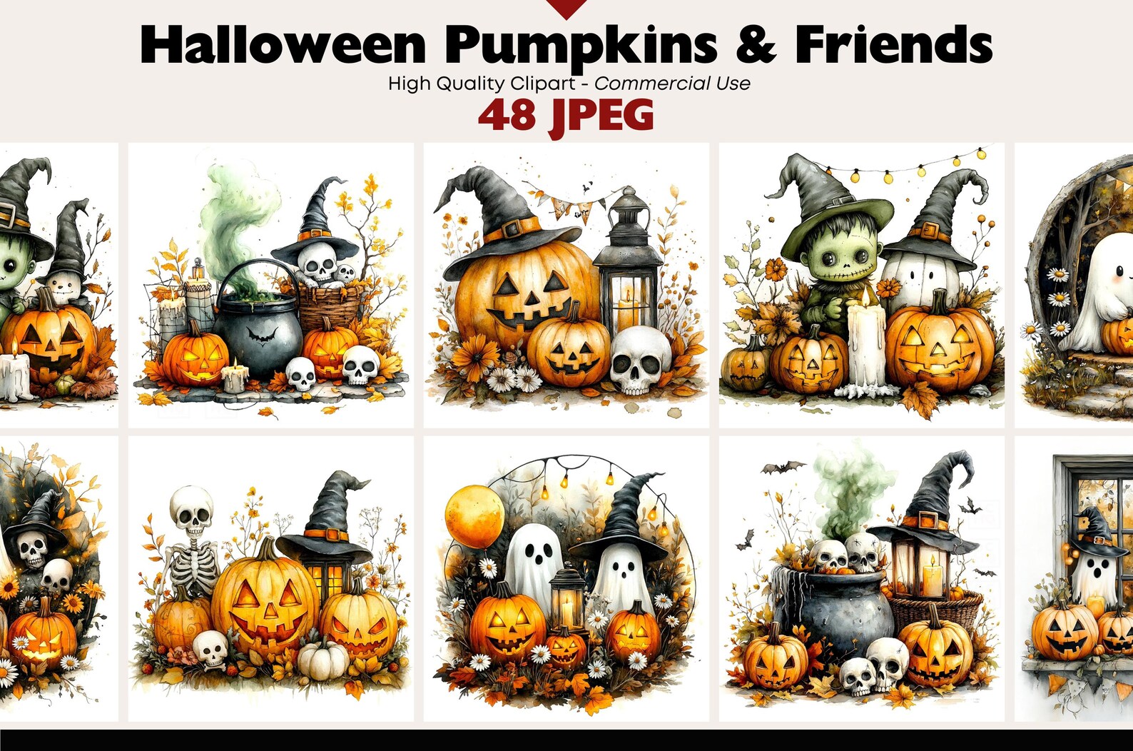 Halloween Pumpkins and Friends Clipart Cute Spooky Scene Illustrations ...