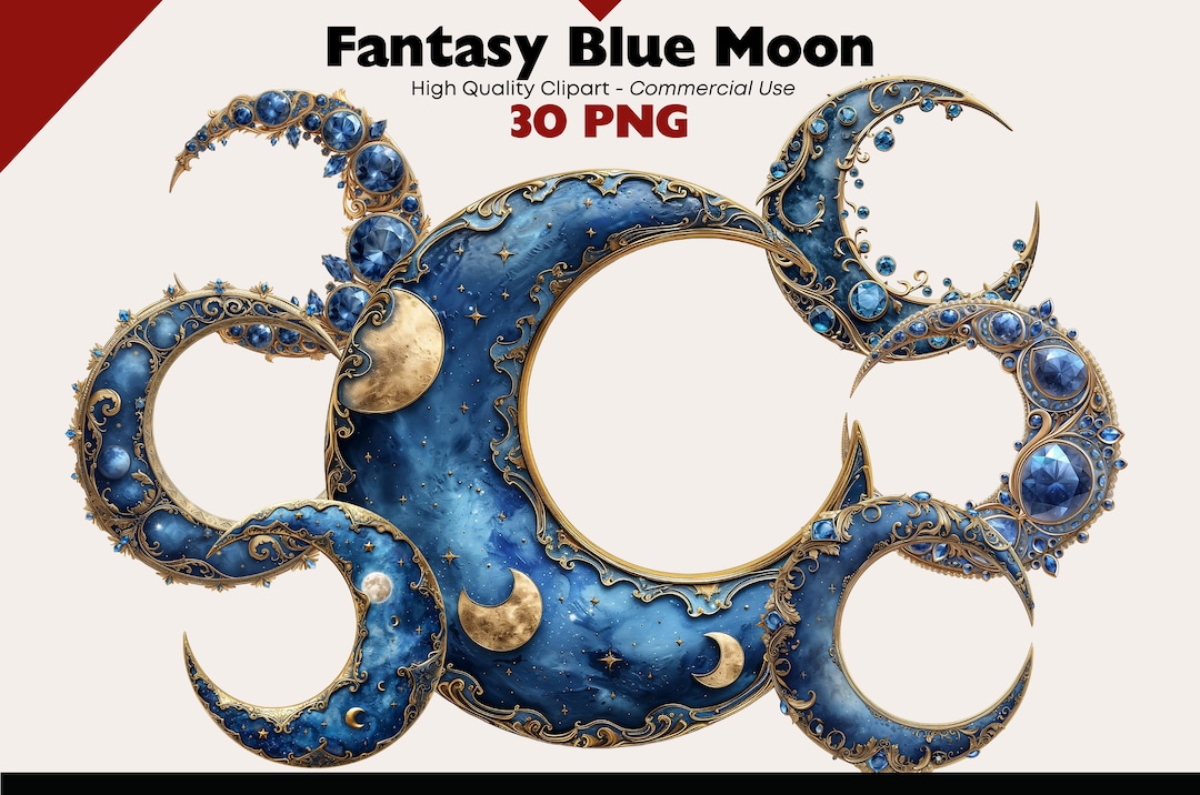 Blue Moon Clipart Set, Whimsical Moon Wall Art, Silver Moon Watercolor ...