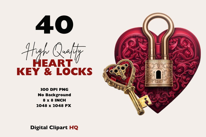 Lock and Key Clipart Bundle, Heart Lock PNG, Romantic Clip Art, Key to ...