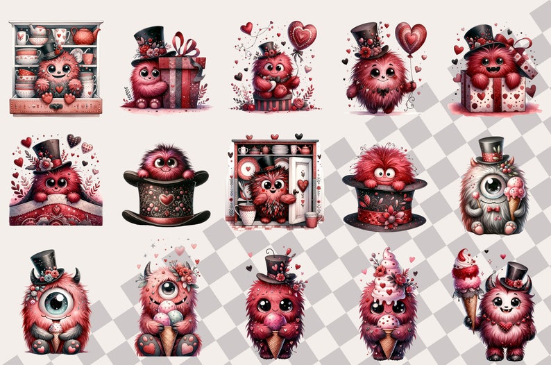 Love Monsters Clipart Bundle Cute Valentines Day Watercolor Graphics ...