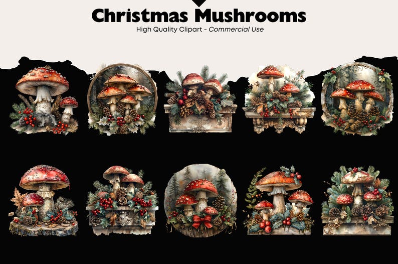 Christmas Mushroom Clipart Bundle Watercolor Woodland Holiday Graphics ...