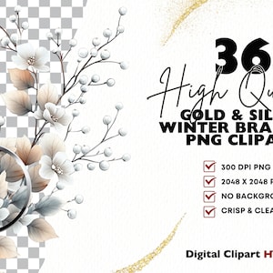 Gold Winter Branch Clipart Bundle Watercolor Silver Berry Branch PNG ...